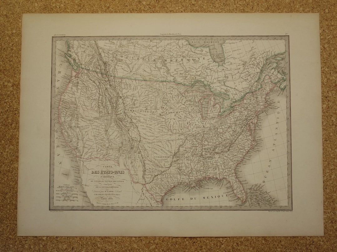 US Old Map 1851 LARGE Original Antique Print/poster of the USA Coast to ...