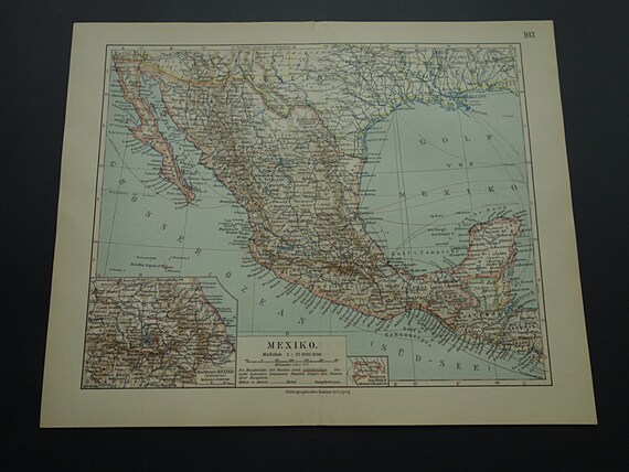 Mexico Antique Map of Mexico Original 100 Years Old Print | Etsy