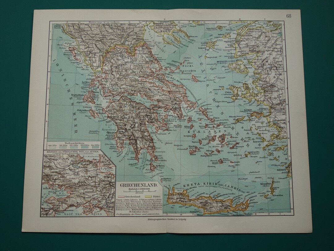 1905 Antique Map of Greece - Beautiful Vintage Old Small Poster ...