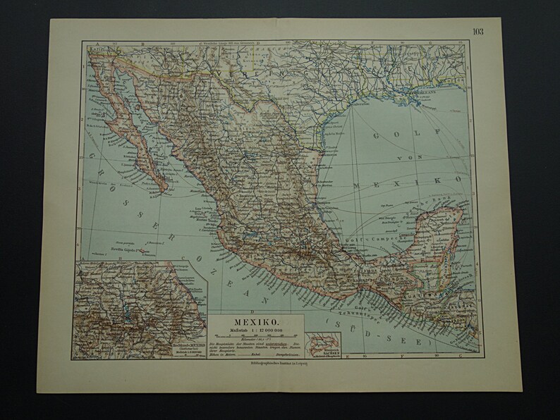 Mexico Antique Map of Mexico Original 100 Years Old Print | Etsy