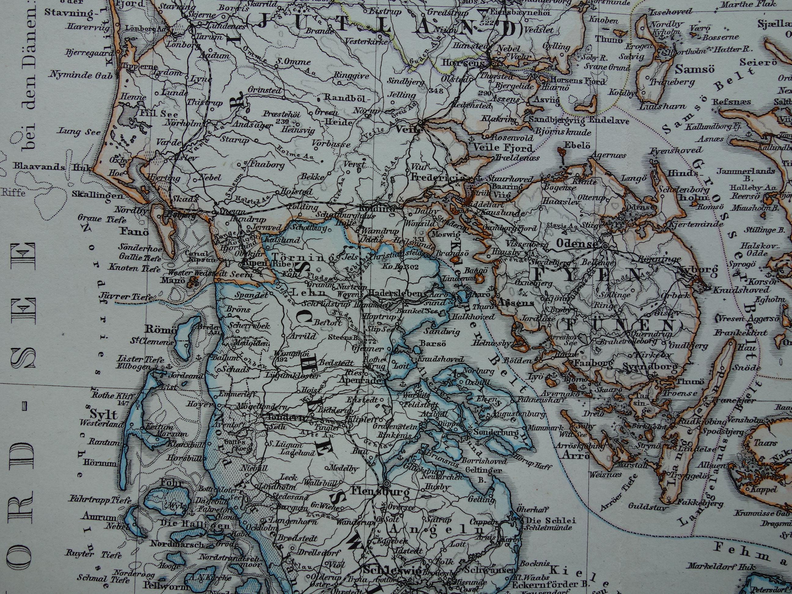 DENMARK Old Map of Denmark and Holstein 1878 Original Large Antique ...