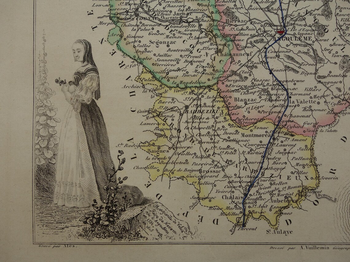 1856 CHARENTE Old Map of Charente Department - Original Hand-colored ...