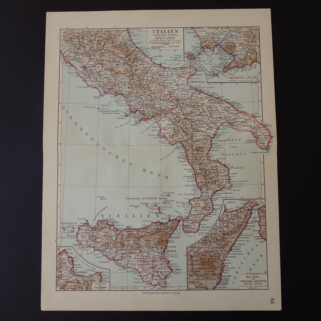 ITALY Old Map of Southern Italy 1913 Original Antique Detailed Print ...