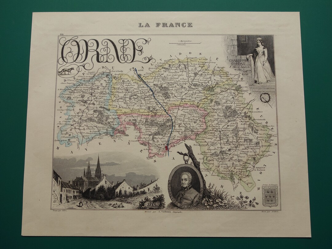 FRANCE Old Map of ORNE Department 1856 Original Hand-colored Antique ...