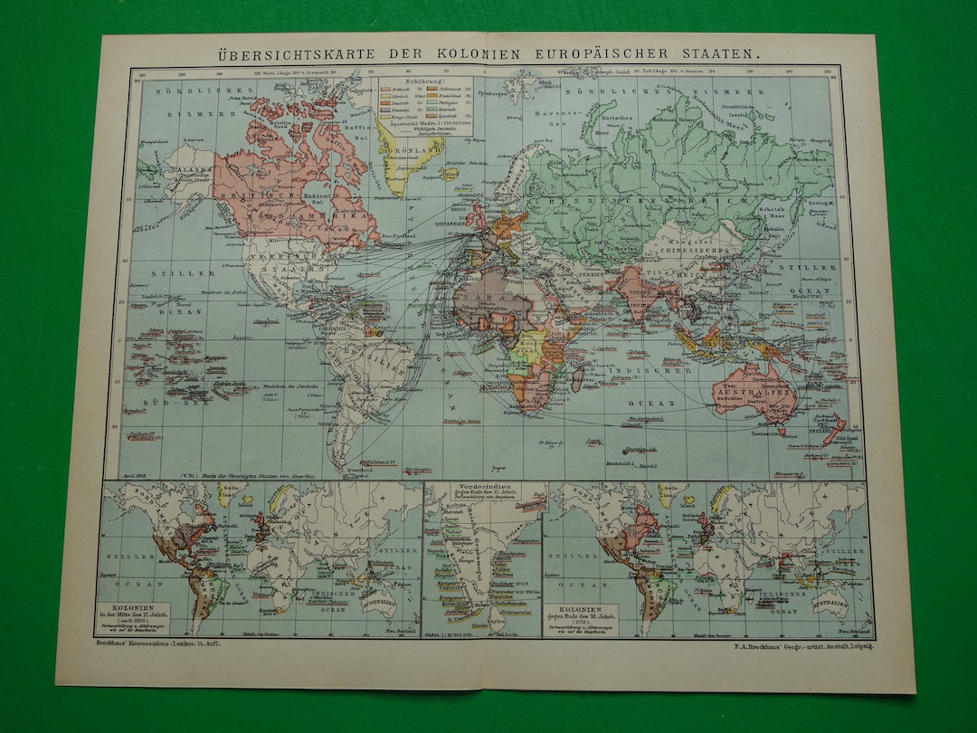 WORLDMAP Old Map of the World 1908 Lovely Antique German Colonial Map ...