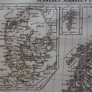 Antique Map of Norway Sweden and Denmark Original 175+ Years Old German ...