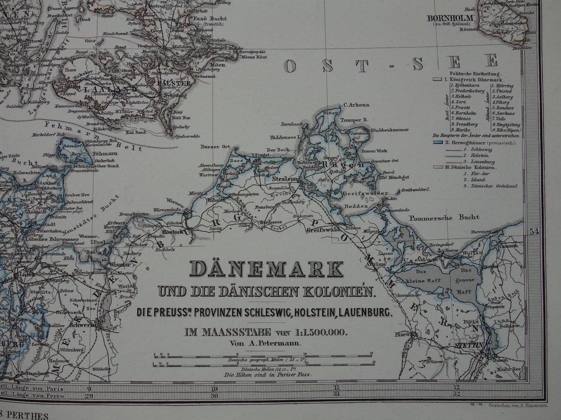 DENMARK Old Map of Denmark and Holstein 1877 Original Large - Etsy