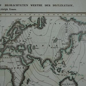 EARTH'S MAGNETIC FIELD Antique World Map Original 160+ Years Old ...