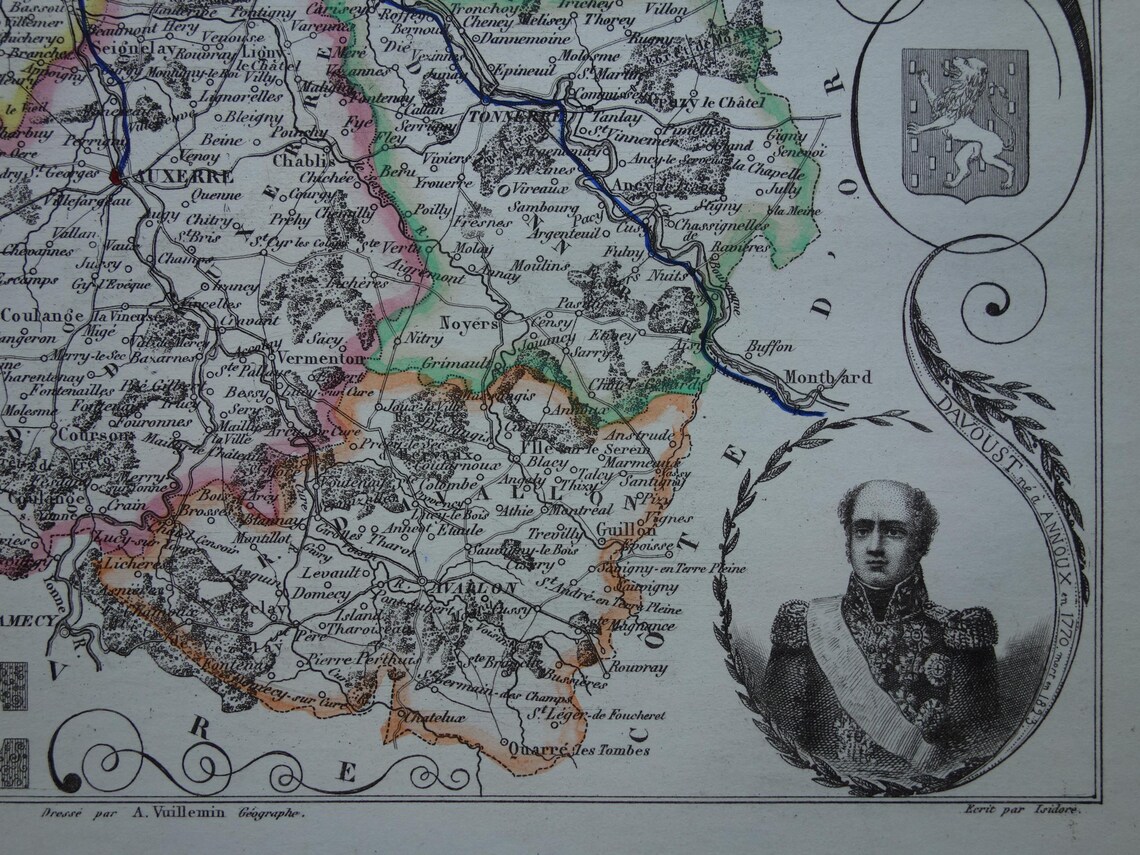 1856 YONNE Old Map of Yonne France Original Antique Print About Auxerre ...