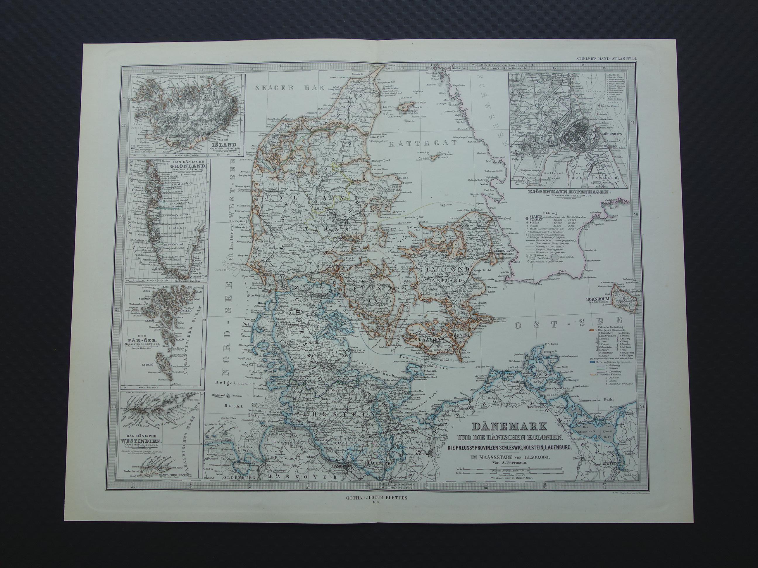 DENMARK Old Map of Denmark and Holstein 1878 Original Large Antique ...