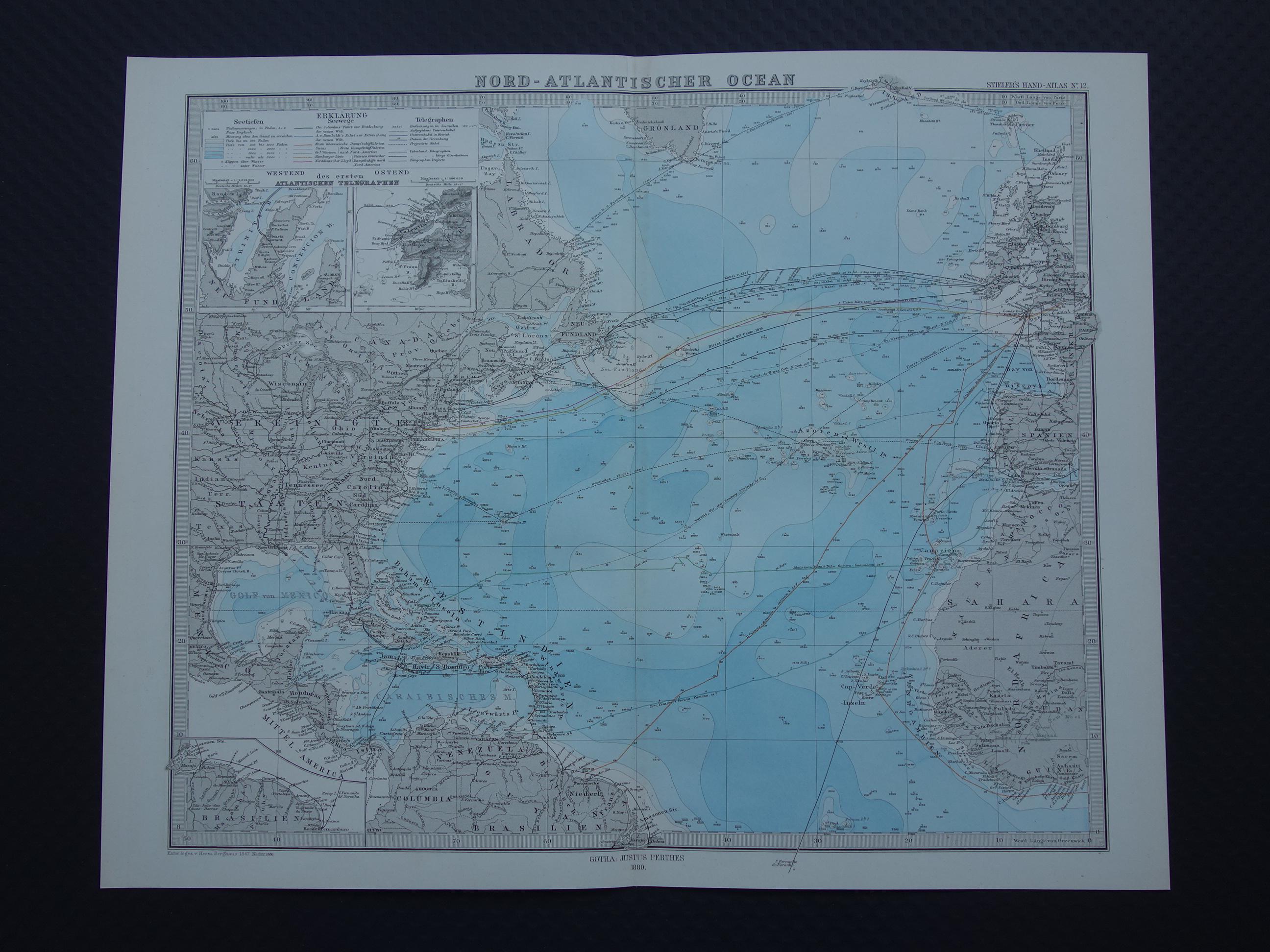 ATLANTIC Ocean Map 1880 Original Large Old Print of Sea Depth Steamer ...