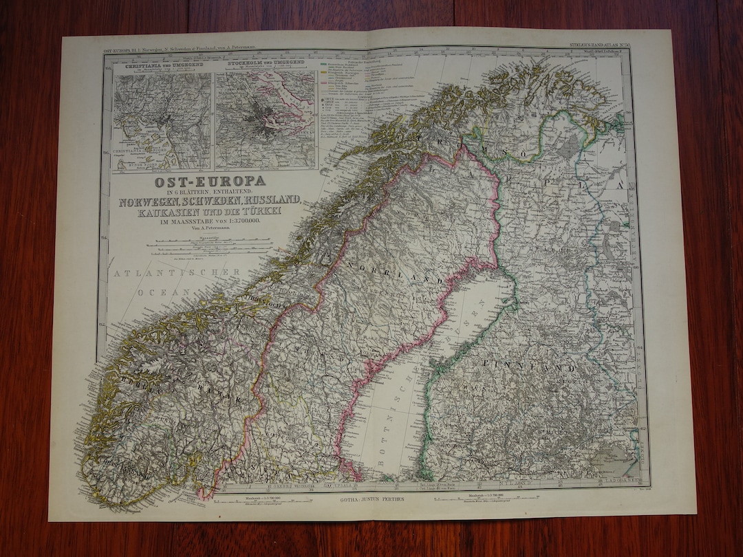 NORWAY Old Map of Norway 1885 Original Antique Hand-colored Poster ...