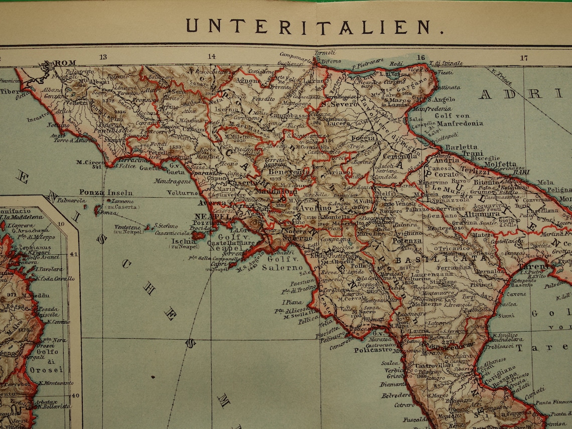 ITALY Old Map of Southern Italy 1907 Original Antique Detailed and ...