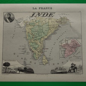 INDIA Old Map of French India and Indochine 1870 Antique Hand-colored ...