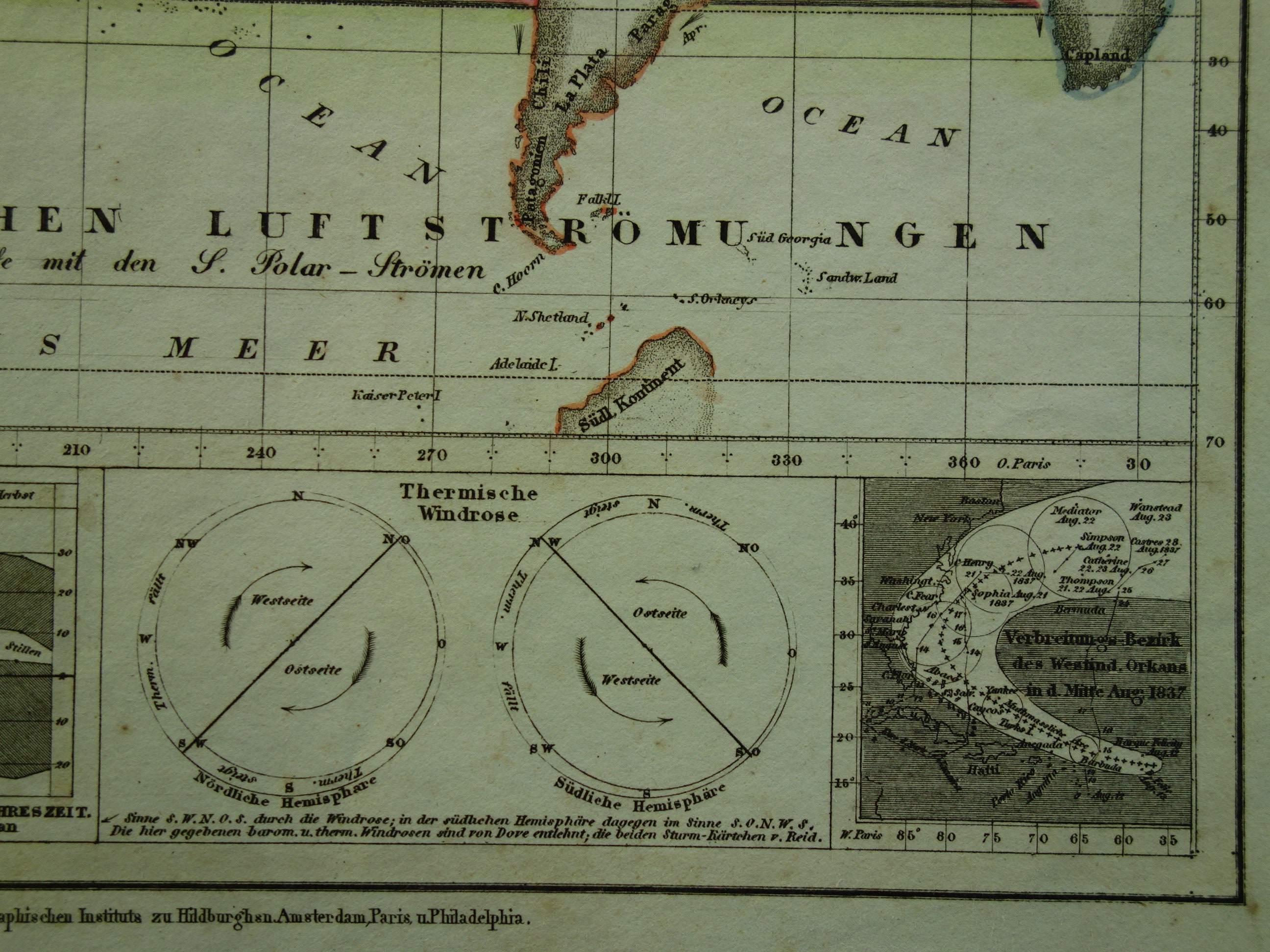 WORLD MAP of Wind 1850 Original Old Hand Colored Print About | Etsy