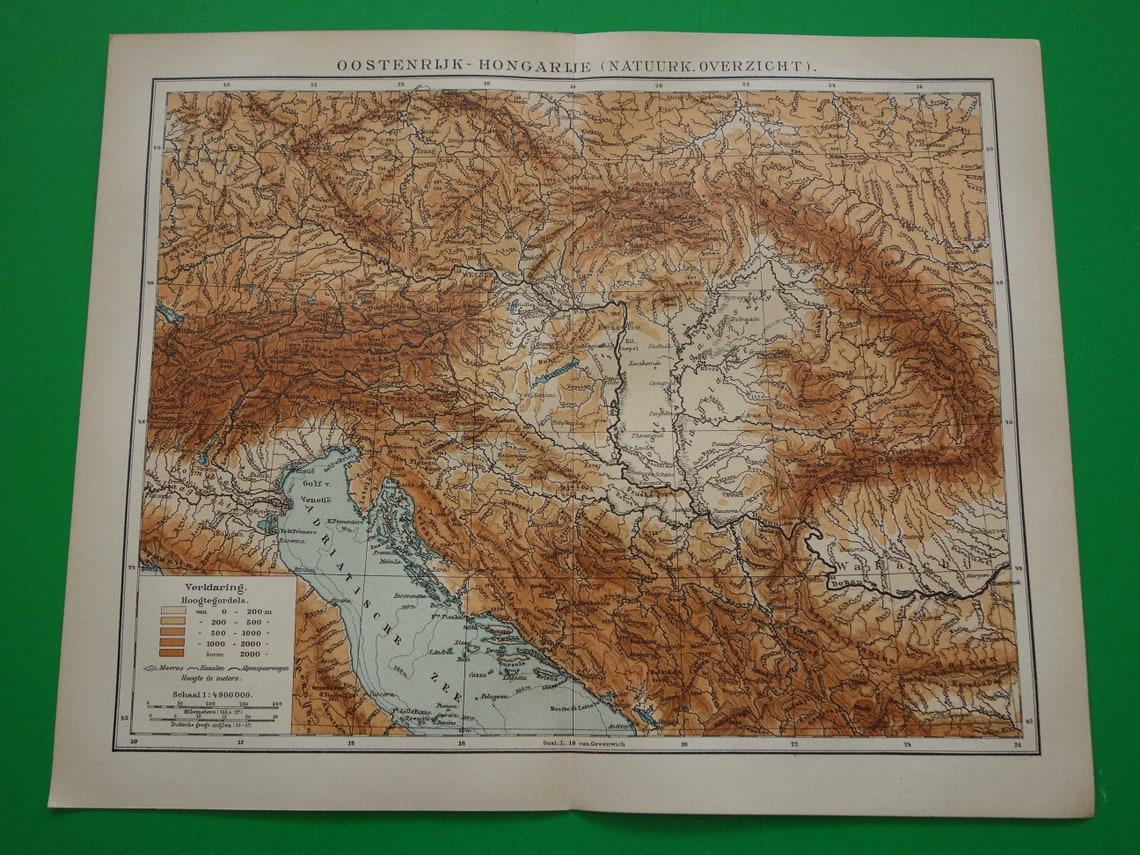Old Height Map of Austria Hungary Bohemia 1910 Antique Print Alps ...