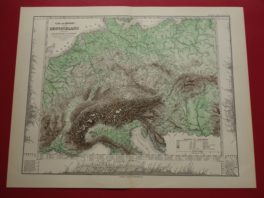 Old Height Map of Germany Central Europe 1878 Antique Print Alps ...