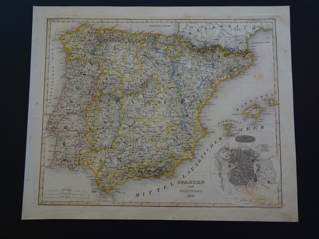 SPAIN Old Map of Spain and Portugal 1849 Original Antique Print ...