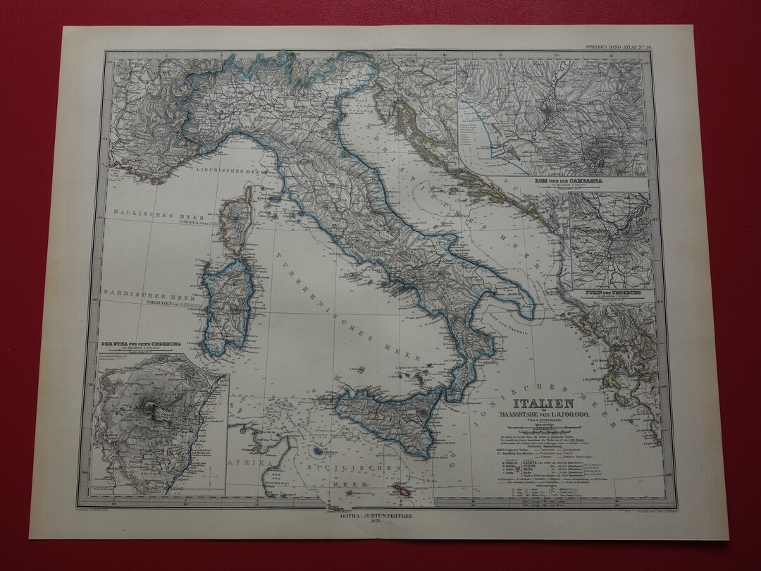 ITÁLIA mapa antigo da Itália mapa antigo colorido à mão original de ...