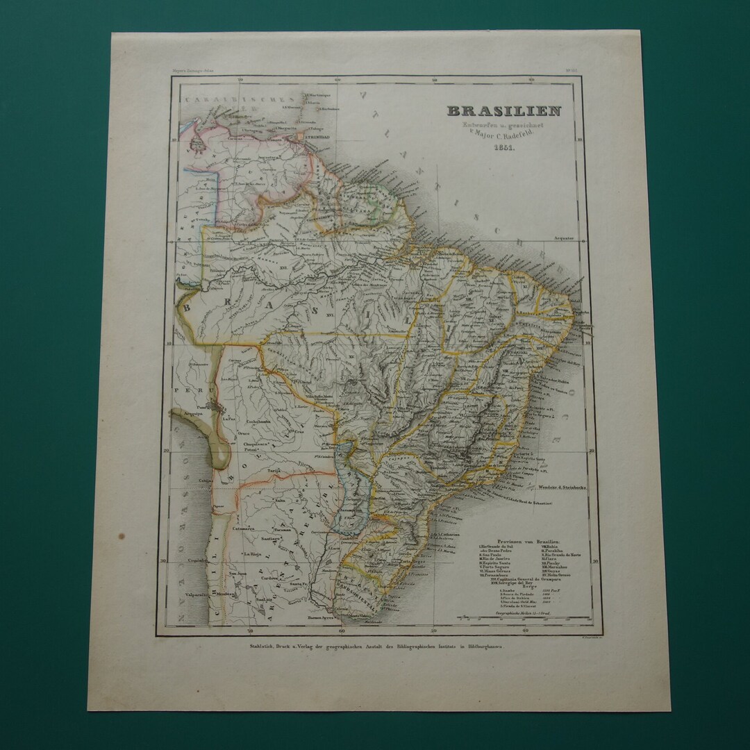 BRAZIL Vintage Map Original 1851 Hand-colored Old Antique Print of ...