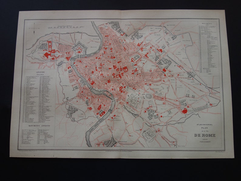 ROME large map of Rome antique city plan original 1877 old | Etsy