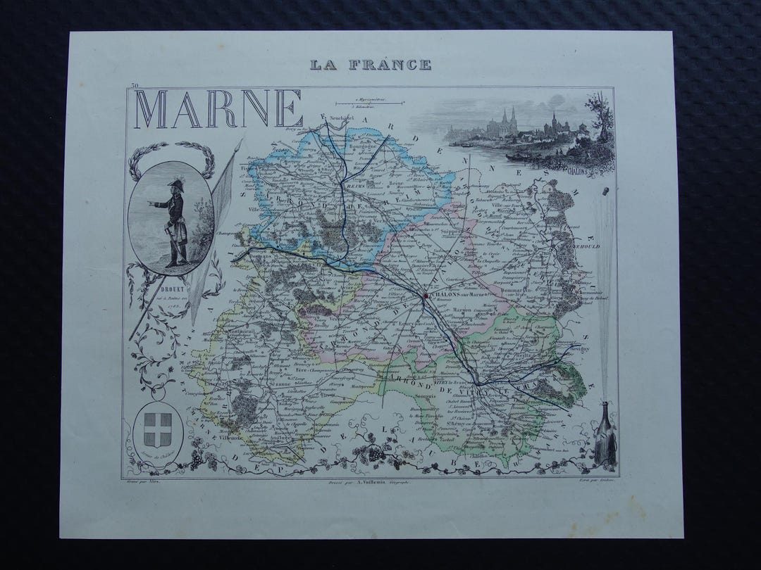 165+ Years Old Map of MARNE Department France 1856 Beautiful Original ...