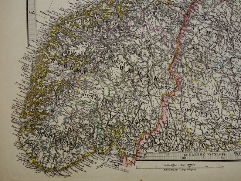 NORWAY Old Map of Norway 1885 Original Antique Hand-colored - Etsy