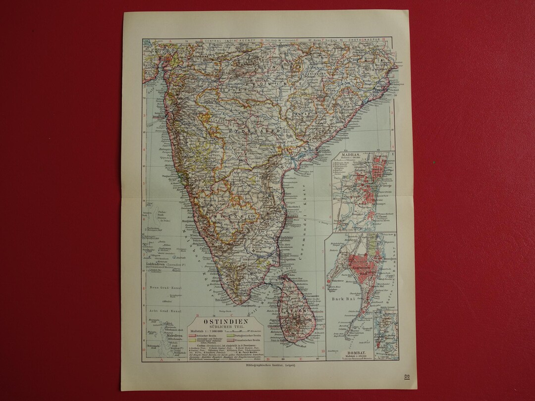 Old Map of India - Original 1913 Detailed Antique German Map of ...