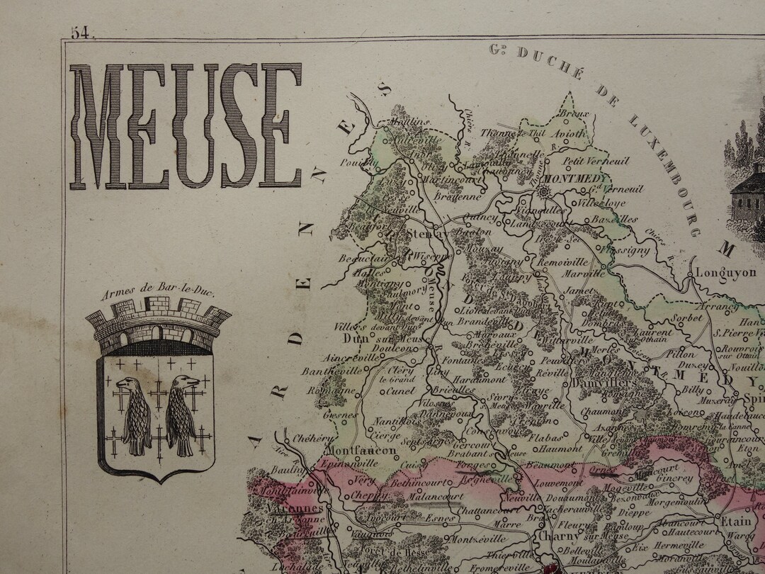 1856 Antique Map of Meuse Department France Beautiful Old Hand-colored ...