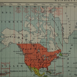 Vintage World Map of Time Zones 1909 Original Antique German Worldmap ...