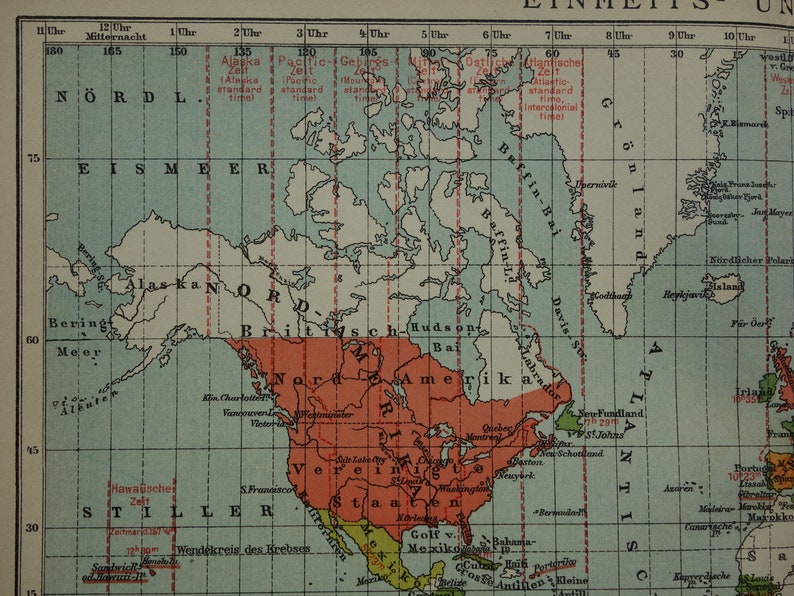 Vintage World Map of Time Zones 1909 Original Antique German Worldmap ...