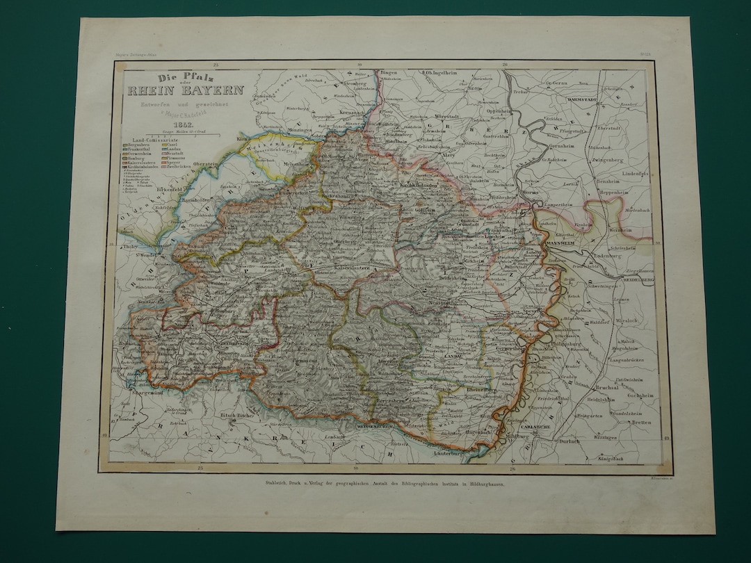 GERMANY Old Map of Rheinpfalz 1852 Original Antique Print of Kaiserslautern Zweibrücken Vintage ...