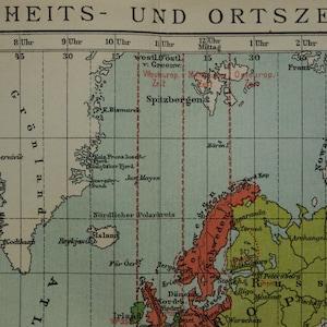 Vintage World Map of Time Zones 1909 Original Antique German Worldmap ...