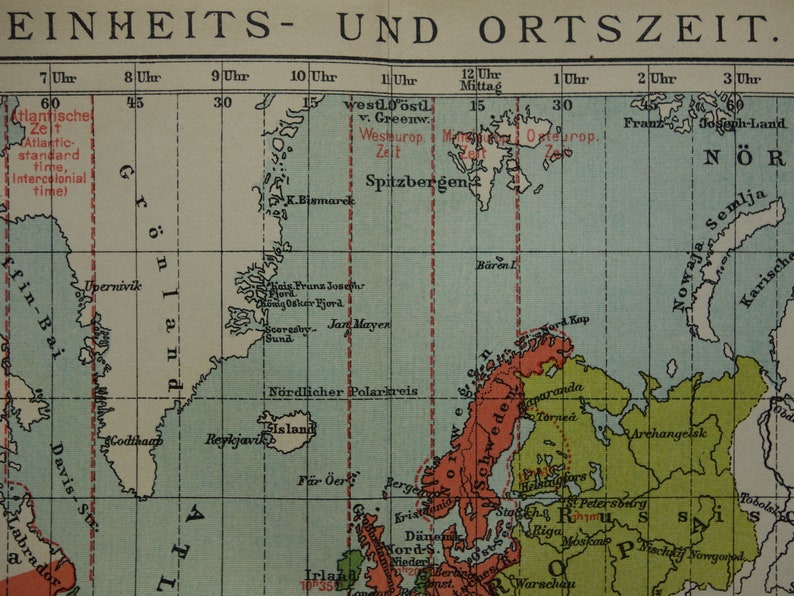 Vintage World Map of Time Zones 1909 Original Antique German Worldmap ...