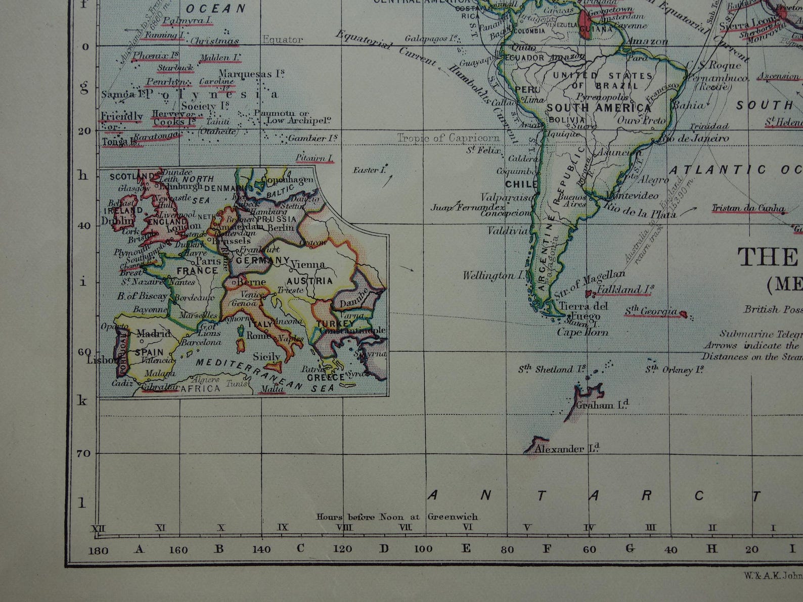 WORLD MAP Old English Map of the World Original Antique 120+ Years Old ...