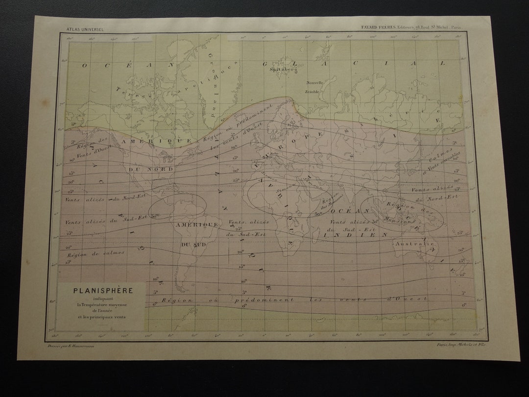 Old Climate World Map of Temperature Original Antique French Print ...