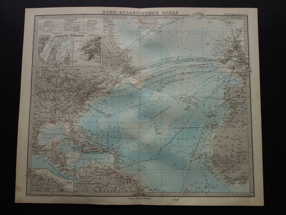 ATLANTIC Ocean Map 1886 Original Large Old Print of Sea Depth | Etsy