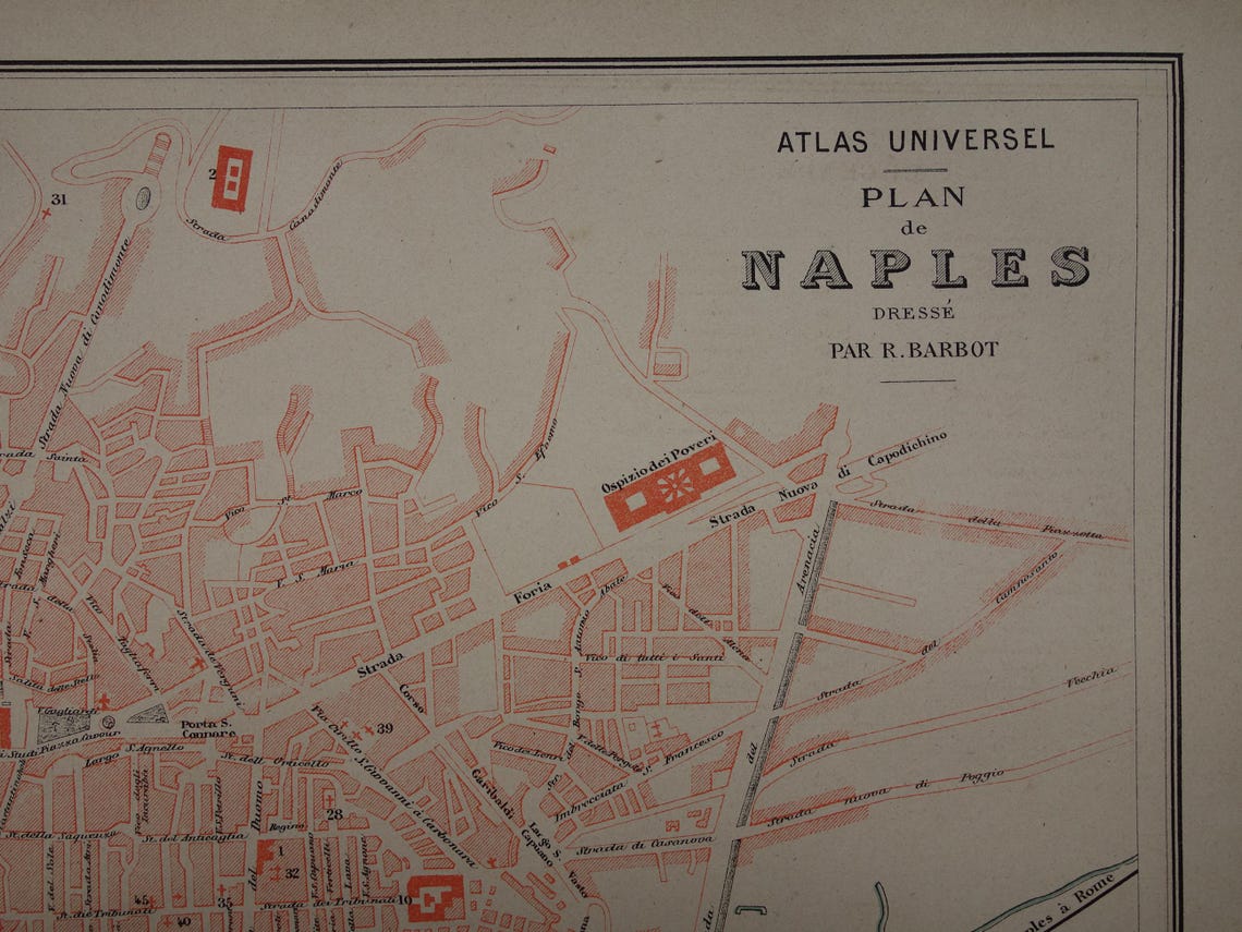 NAPLES Old Map of Naples Italy 1878 Beautiful Large Original Antique ...