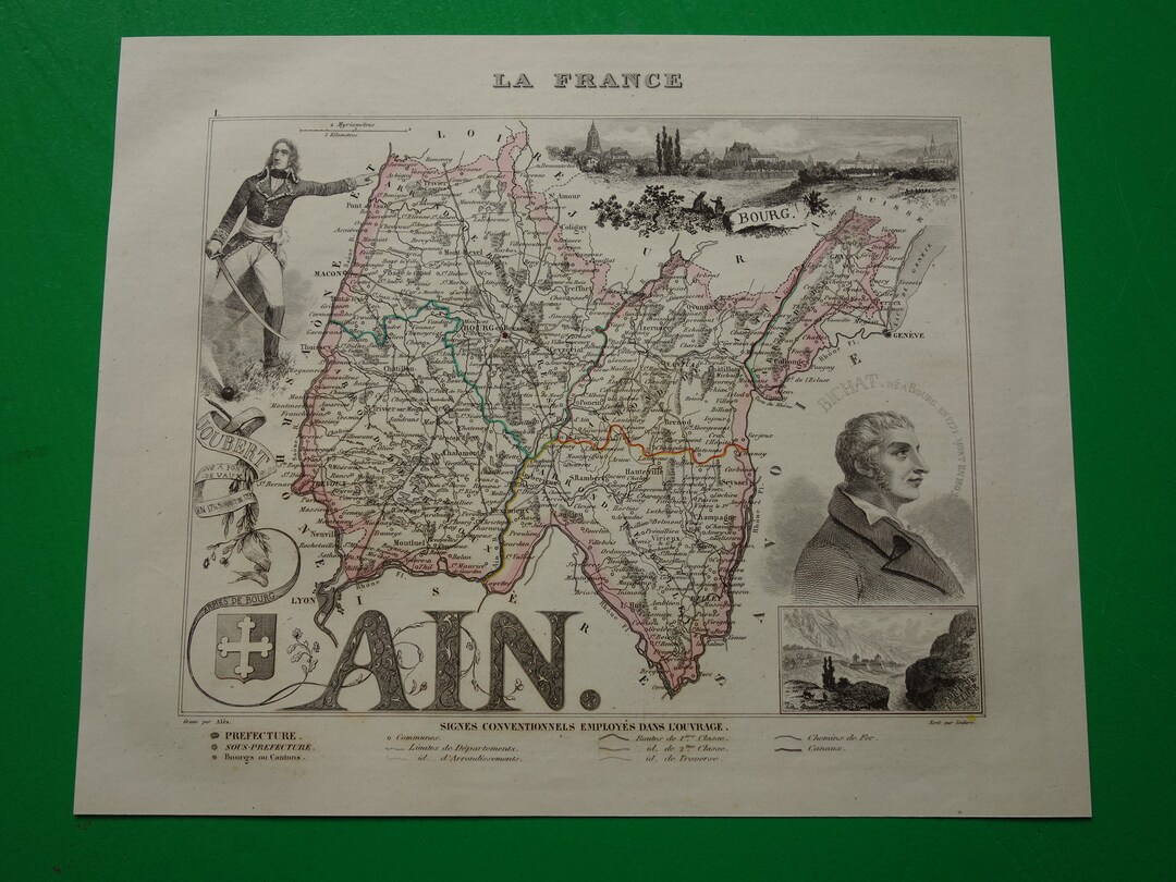 1851 Antique Map of Ain Departemnt France - Beautiful Old Hand Colored ...