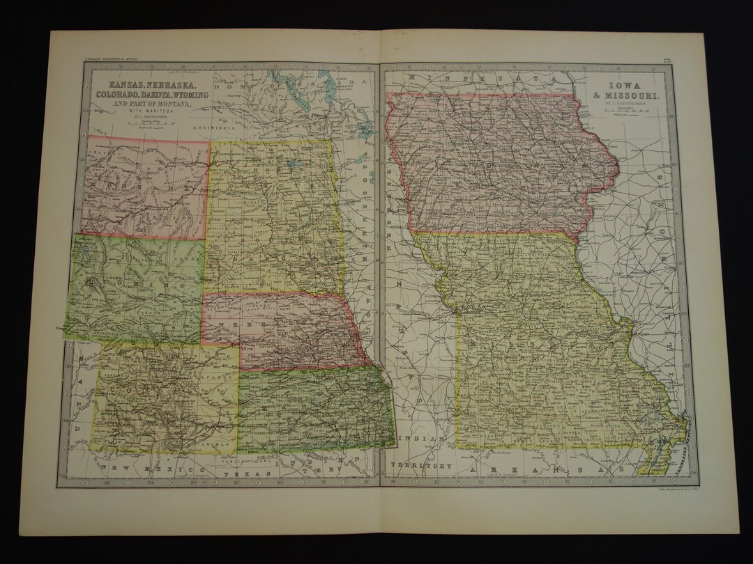 US Old Map LARGE 1890 Original Antique Print About Iowa Missouri ...