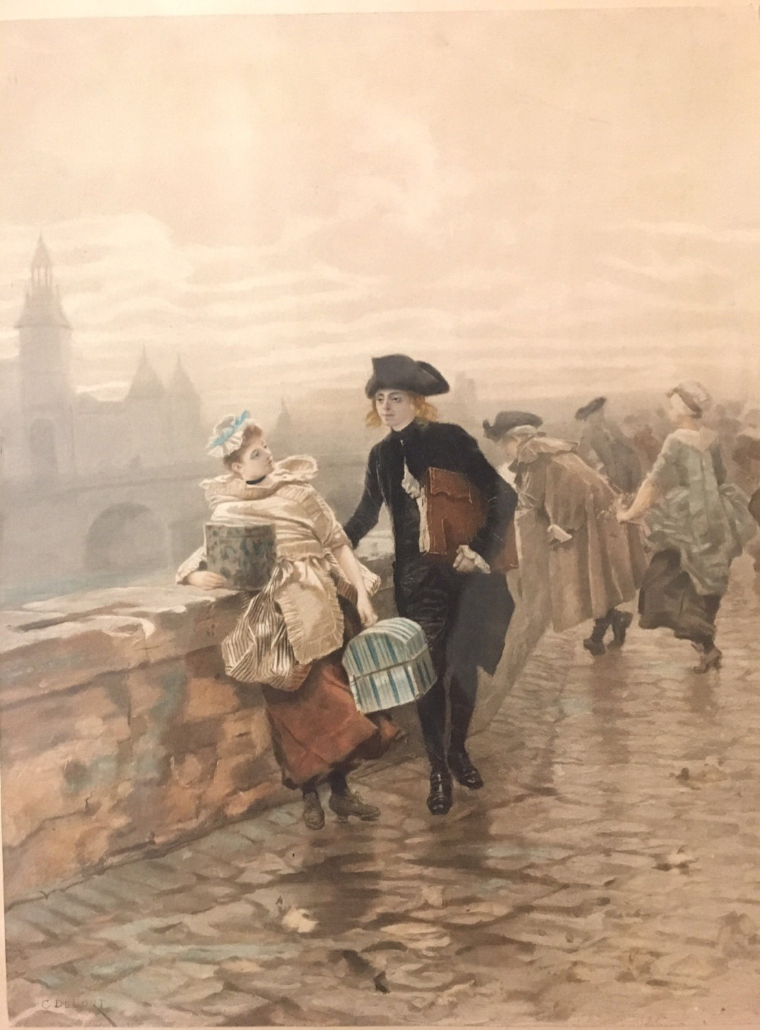 Travellers Charles Edouard Delort Framed Hand Color Gravure Print of ...