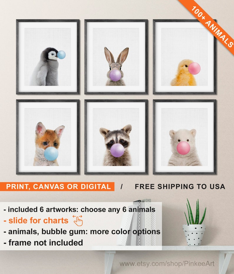 Baby Animal Prints Bubblegum Set of 6 Animal Wall Art for | Etsy