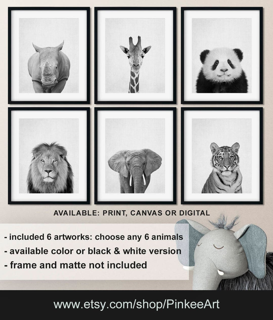 Black and White Animal Wall Art Set of 6, Black and White Animal ...