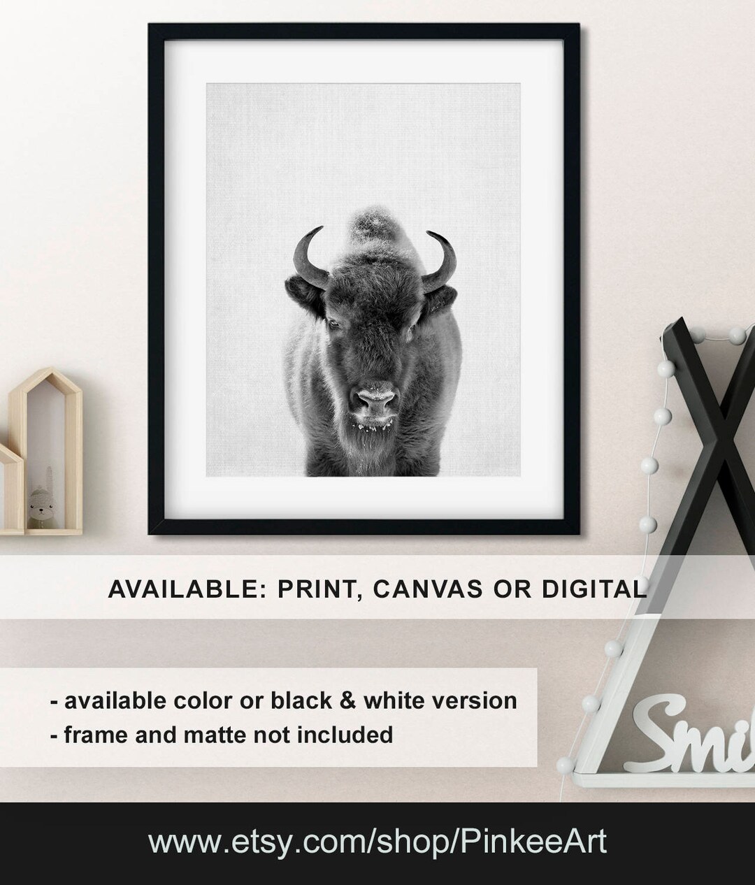 Black and White Bison Print: Buffalo Nursery Art (print/canvas/digital ...