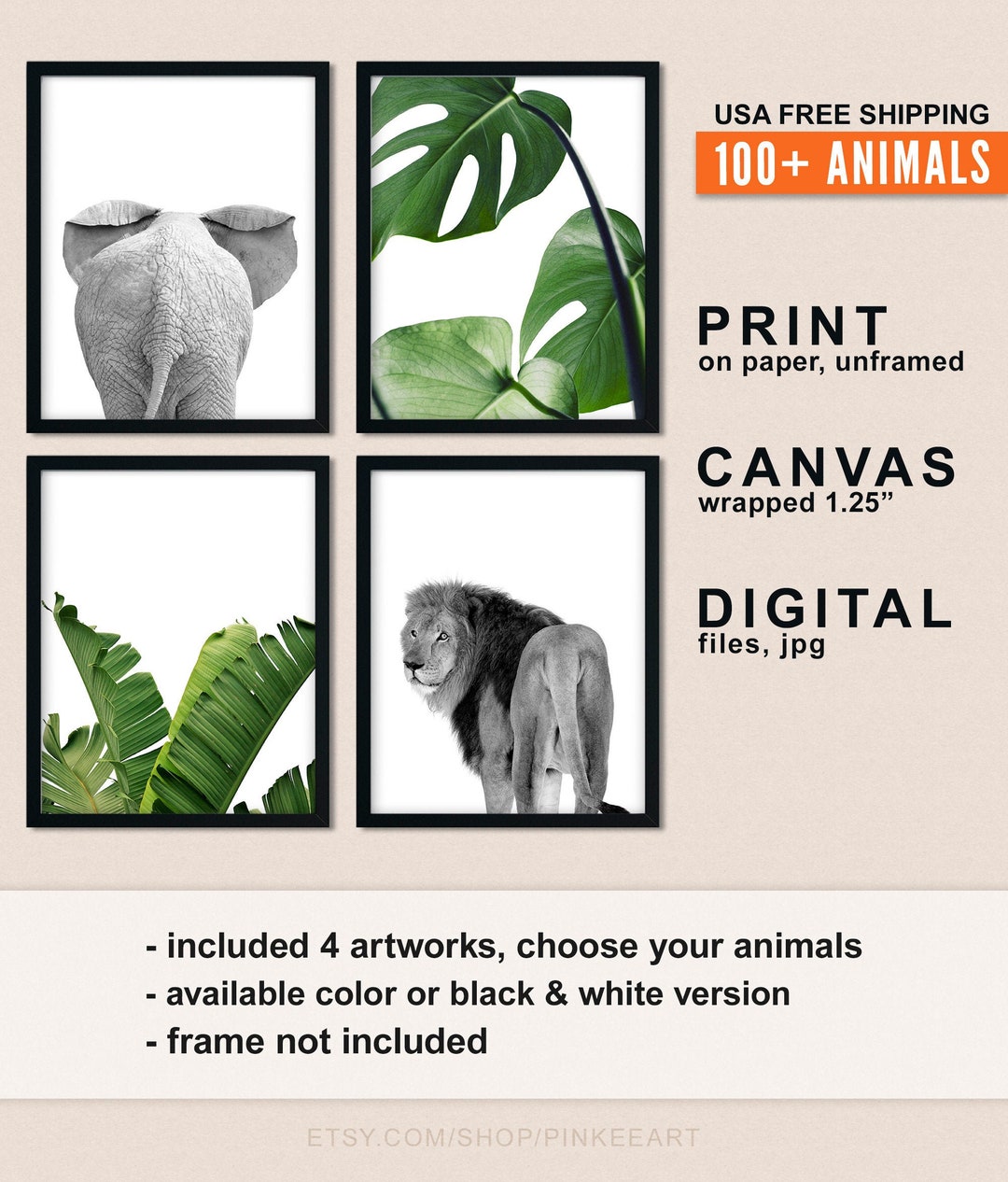 Safari Animal Prints Set: Jungle Leaves, Wild Animal Photos - Etsy