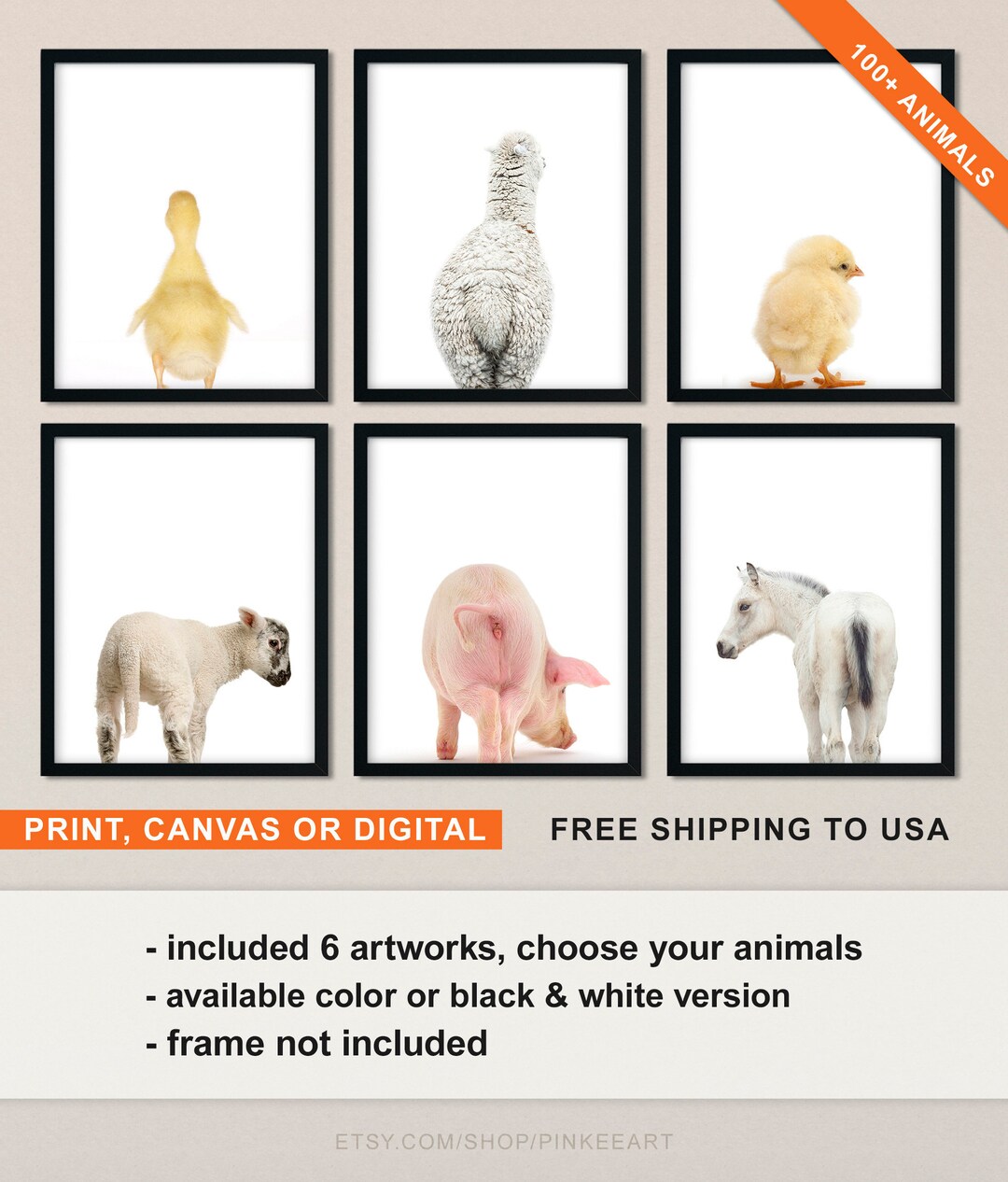 Farm Animal Butt Prints, Kids Bathroom, Nursery Wall Art, Set of 6 - Etsy