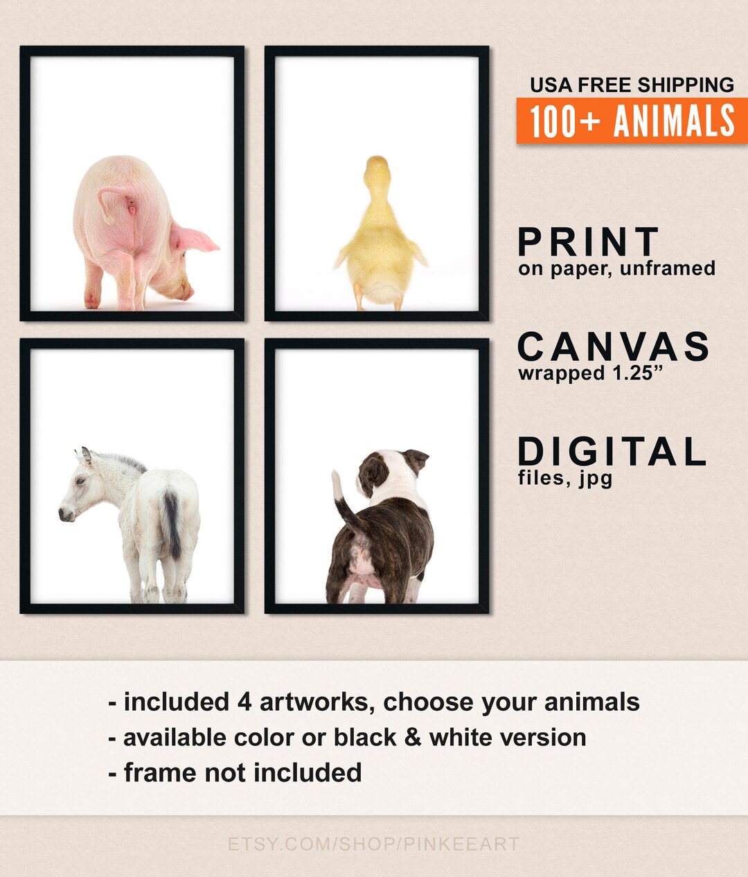 Animal Butt Art Prints: Set of 4, Kids Bathroom Decor - Etsy