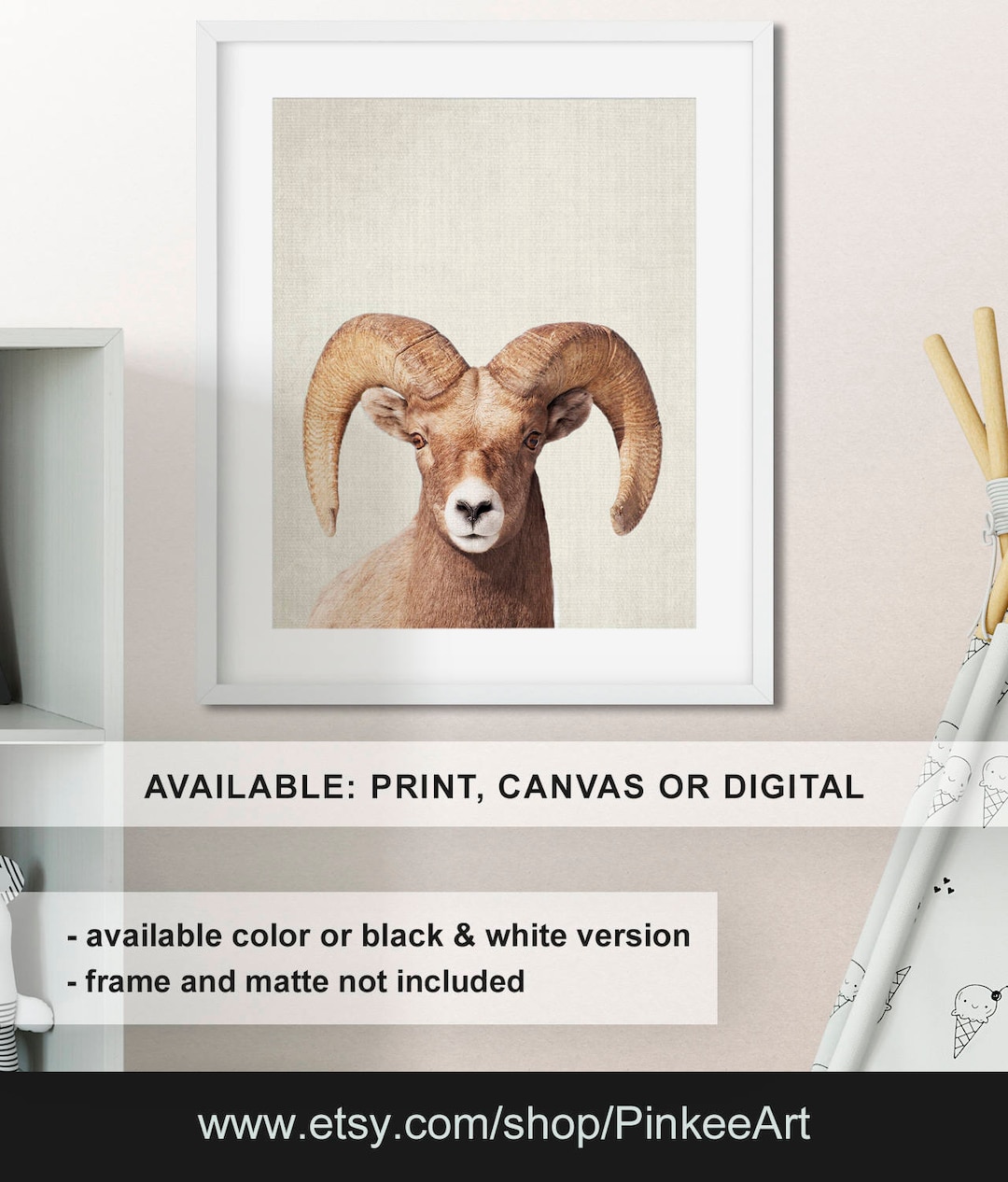 Ram Print, Bighorn Sheep Art, Wildlife Nursery Decor, Ram Centerpiece ...