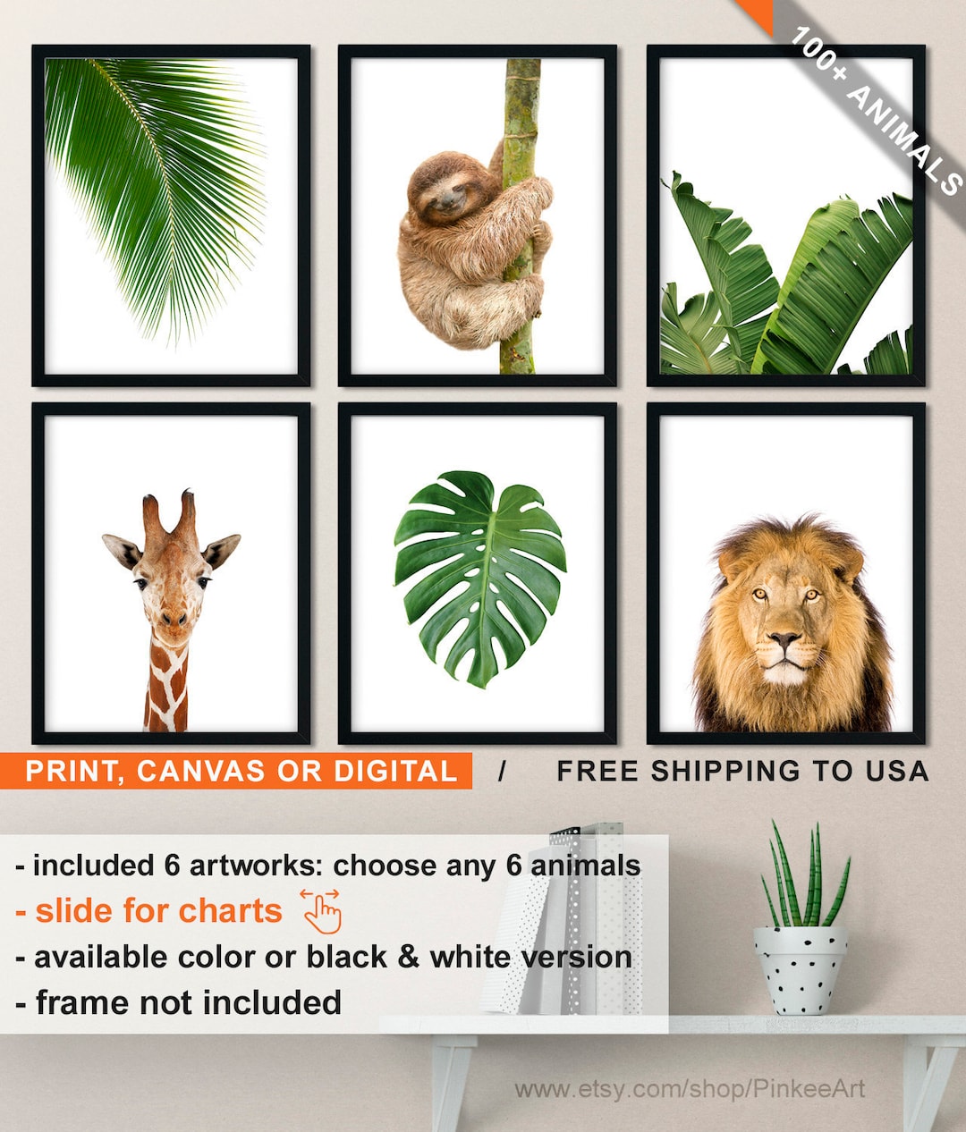 Jungle Theme Nursery Wall Decor, Palm Leaves and Safari Animal Photos ...