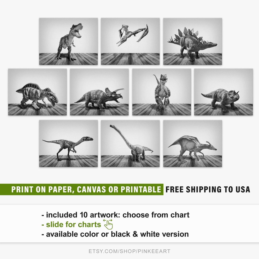Dinosaur Prints Set of 10, Black and White Kids Wall Art Dinosaur Theme ...